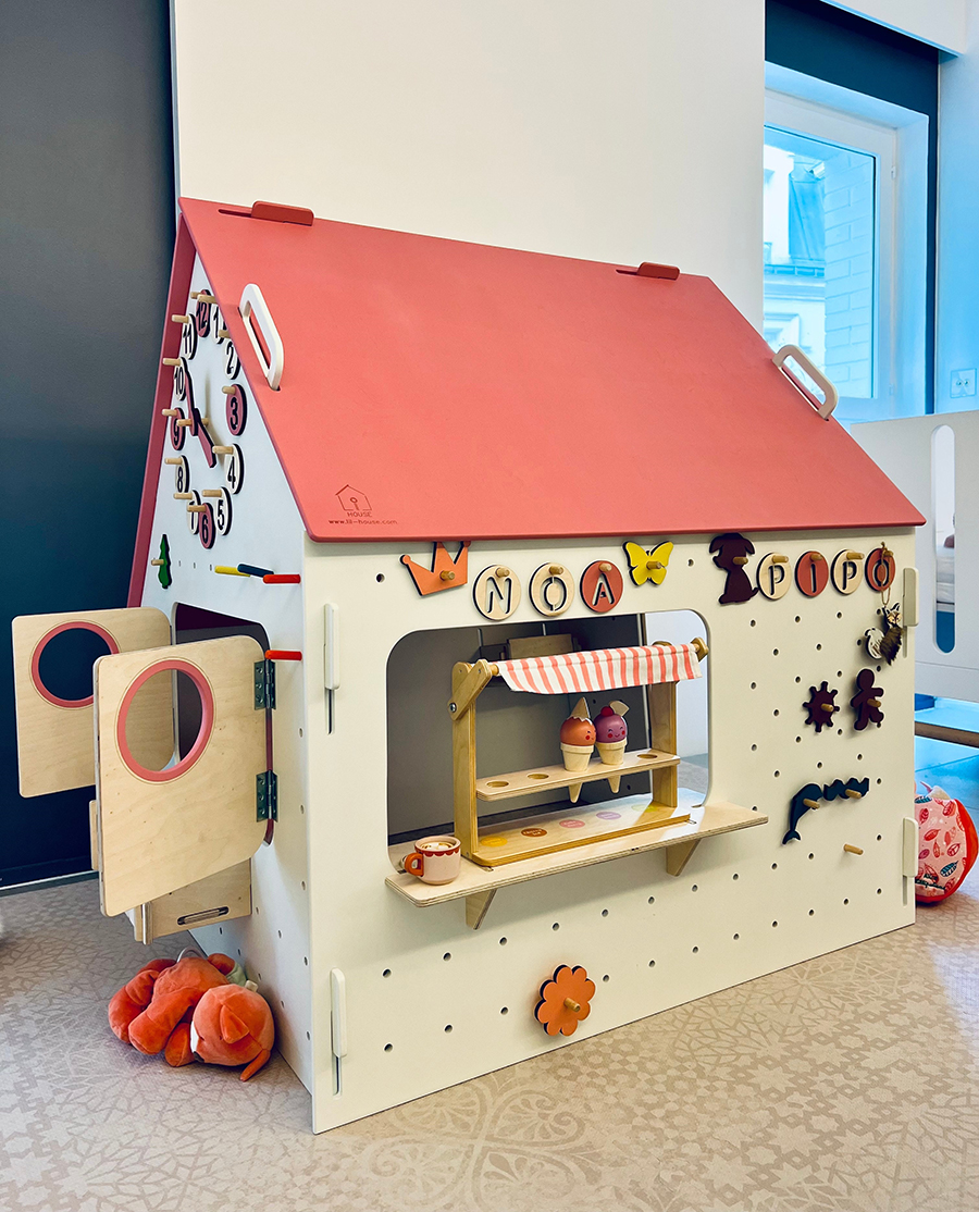 LiL HOUSE Montessori wooden playhouse with chalkboard and decor sets, S ...