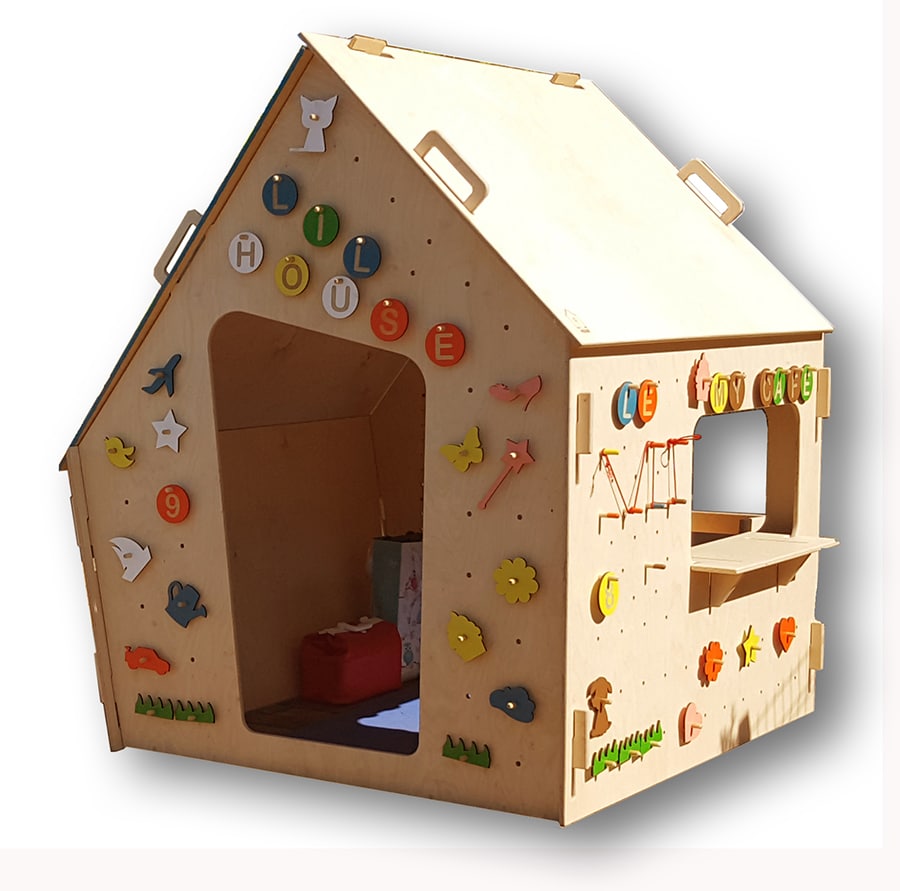 LiL HOUSE Montessori wooden playhouse with chalkboard and decor sets, S ...